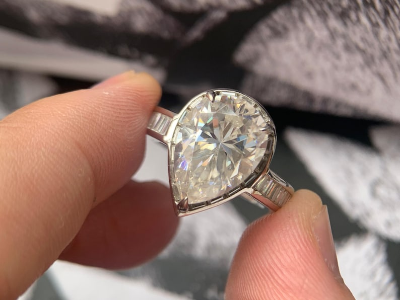 6ct Pear Cut Moissanite Engagement Ring, Art Deco Sterling Silver ...