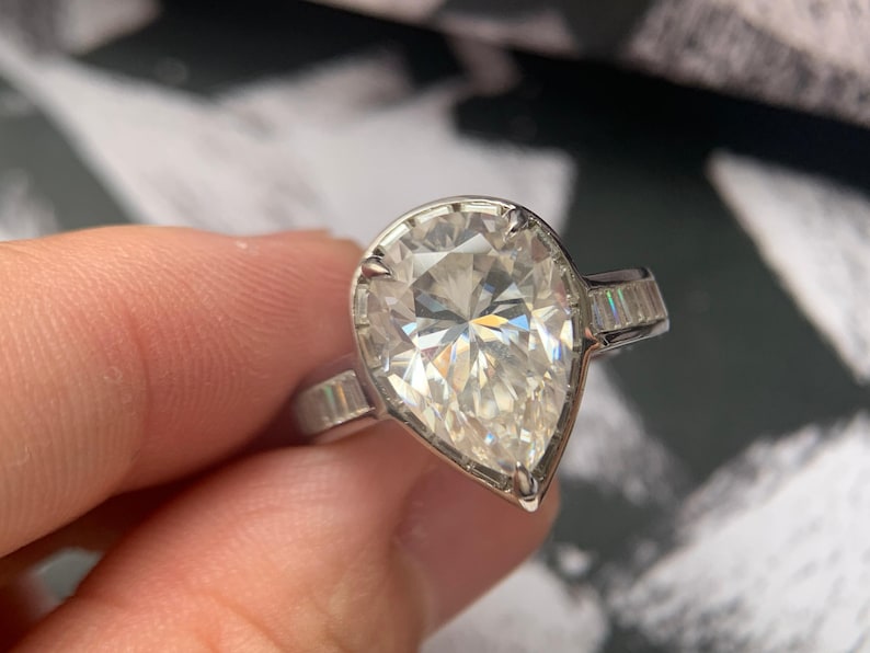6ct Pear Cut Moissanite Engagement Ring, Art Deco Sterling Silver ...