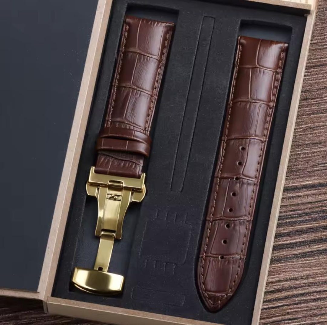 Genuine Cowhide Leather Watch Strap Brown With Gold Butterfly Clasp ...