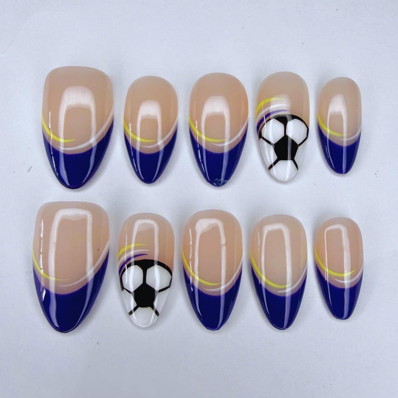 Royal Blue French Tip Soccer Nails, Hand-painted Soccer Ball Art, Game ...