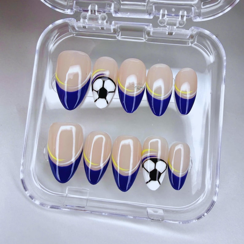 Royal Blue French Tip Soccer Nails, Hand-painted Soccer Ball Art, Game ...