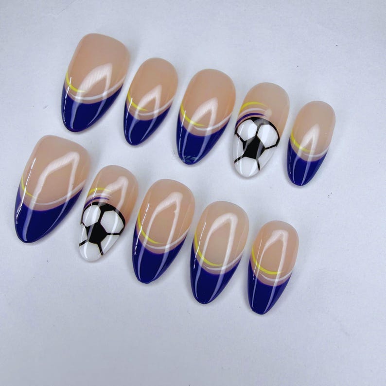 Royal Blue French Tip Soccer Nails, Hand-painted Soccer Ball Art, Game ...