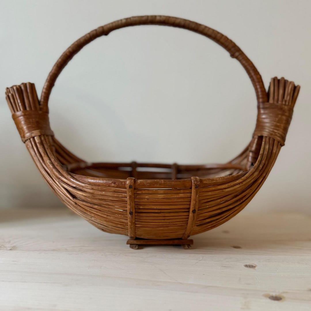 Vtg Rattan Boat Basket Canoe Shaped Woven Centerpce Rustic Boho ...
