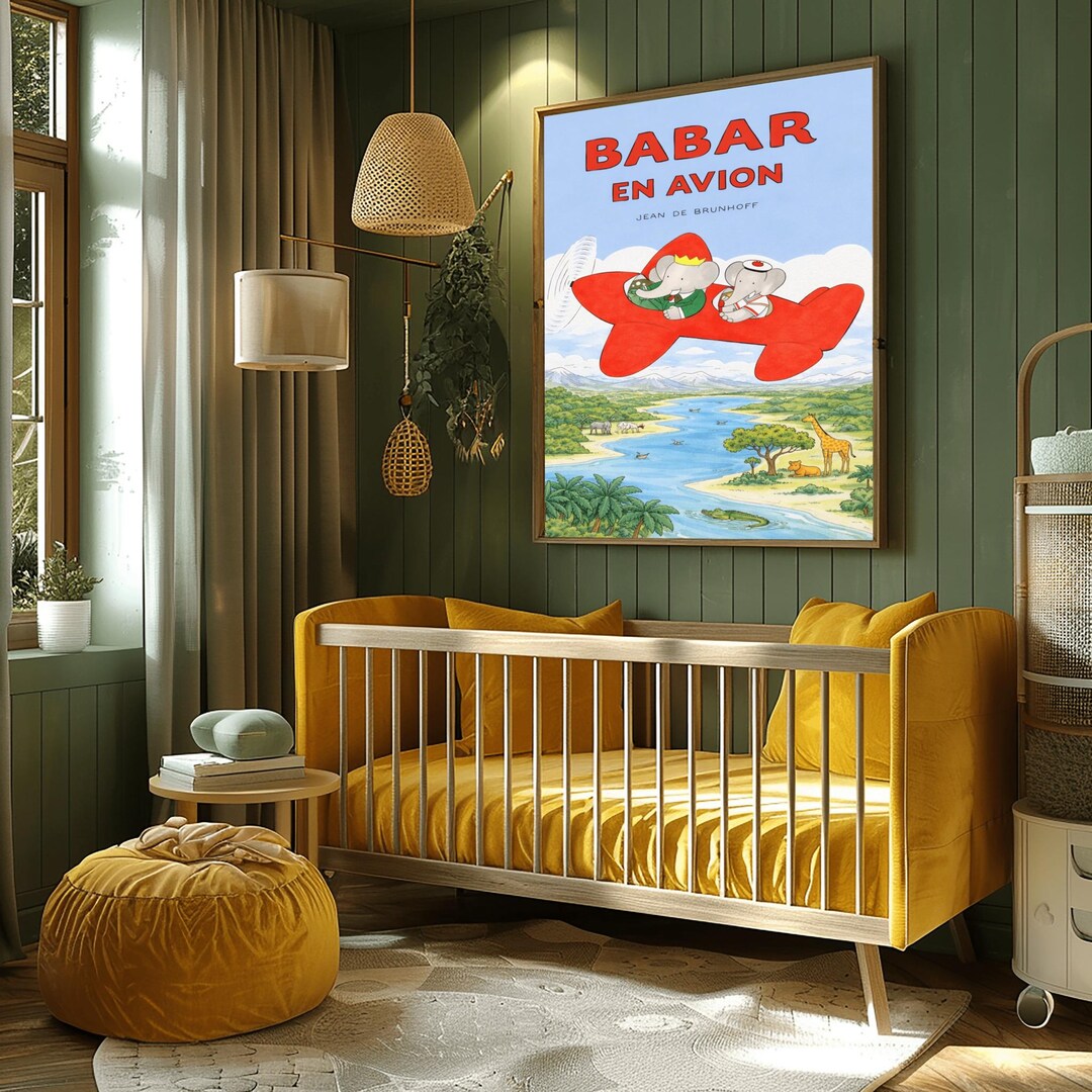 Babar En Avion Poster - Red Airplane Art Print - Jean De Brunhoff Style ...