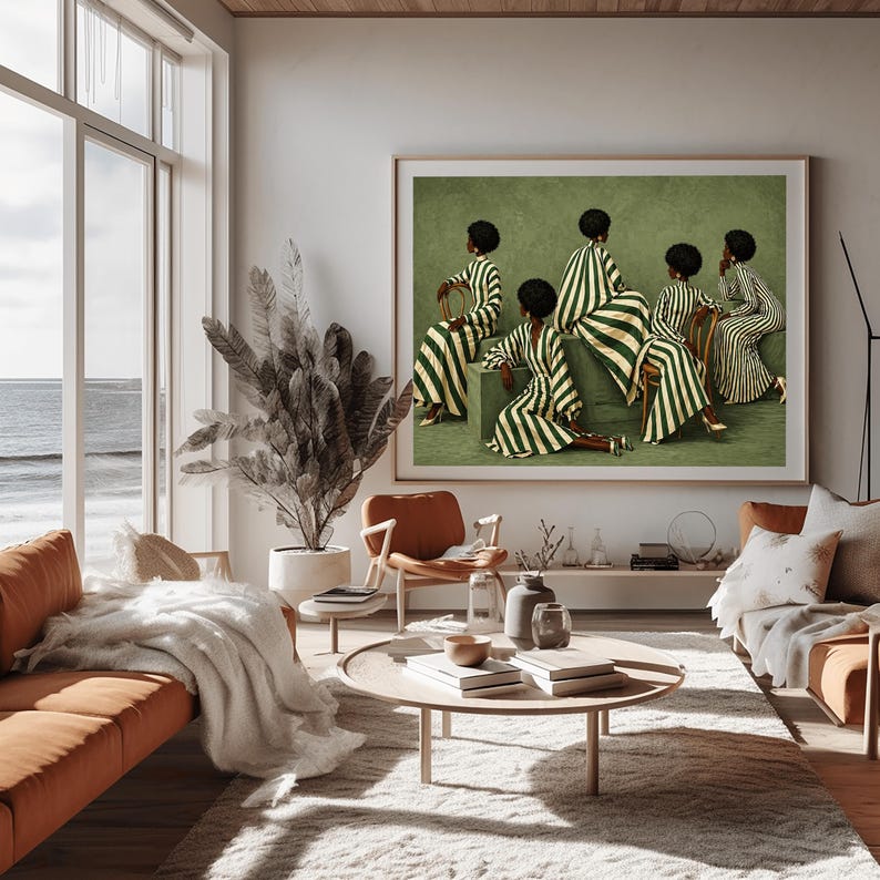 Modern Afrocentric Art Print - Vibrant Sage Green Striped Fashion ...