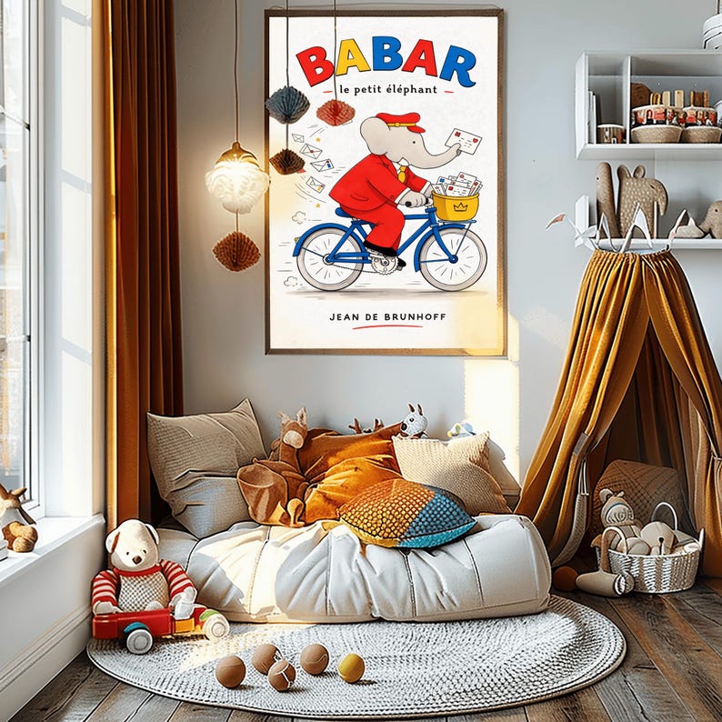 Babar the Elephant Postman Poster – Vintage French Nursery Art, Kids ...