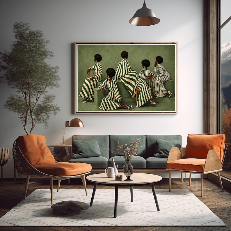 Modern Afrocentric Art Print - Vibrant Sage Green Striped Fashion ...