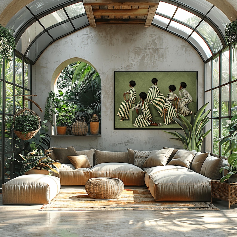 Modern Afrocentric Art Print - Vibrant Sage Green Striped Fashion ...