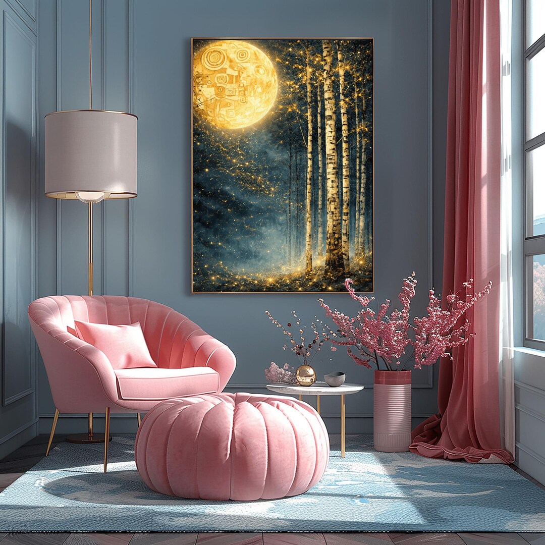 Gustav Klimt Birch Forest Wall Art: Golden Orb Moon Glow - Teal Mist ...