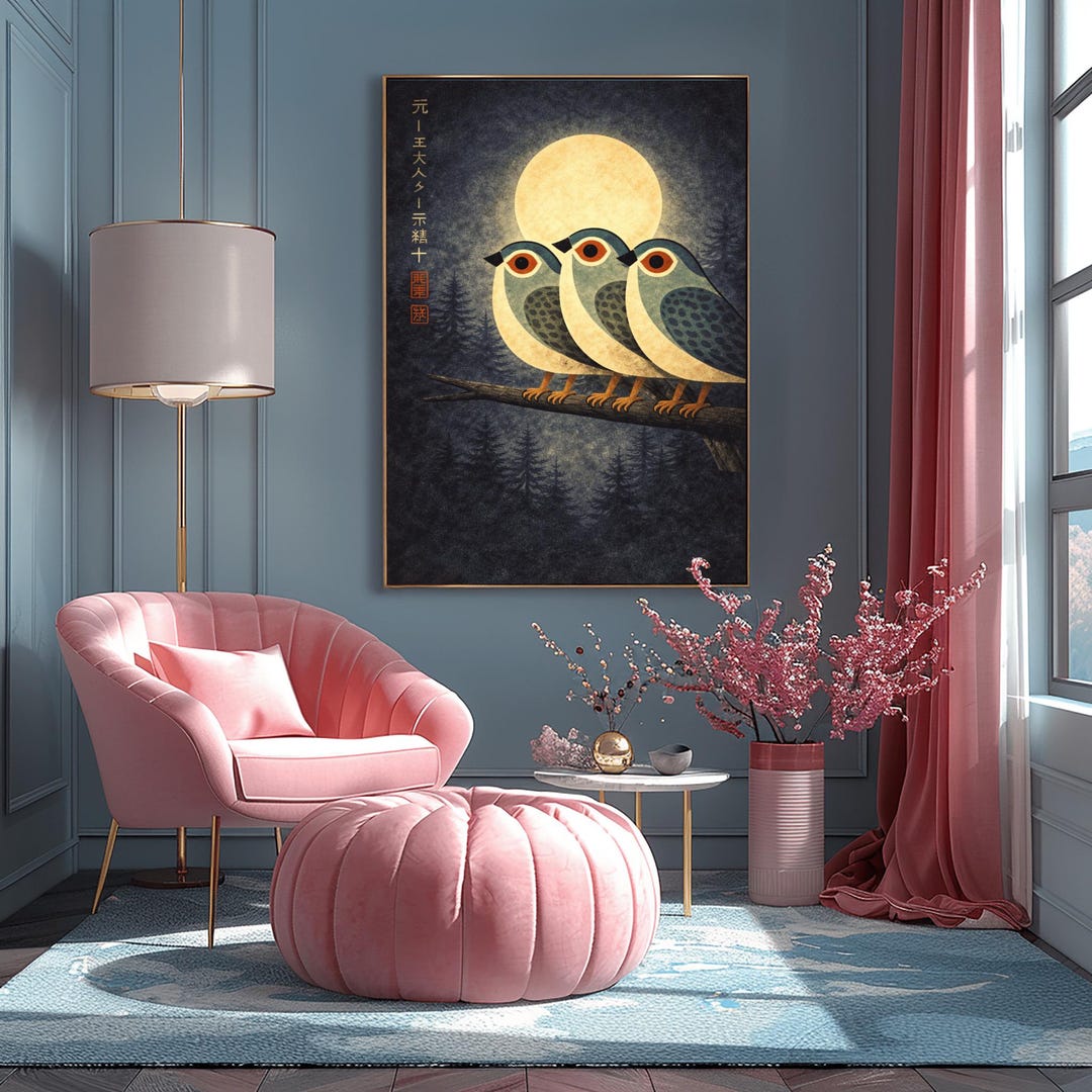 Japandi Midnight Songbirds Wall Art: Japanese Forest Print With ...