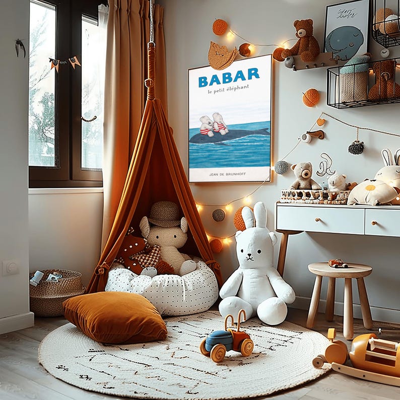 Babar Whale Ride Poster – Vintage French Nursery Art, Nautical Kids ...
