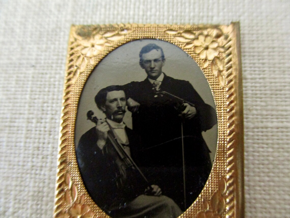 Antique Miniature Tintype Photo – 1800s Musicians in Gold Frame, Violin ...