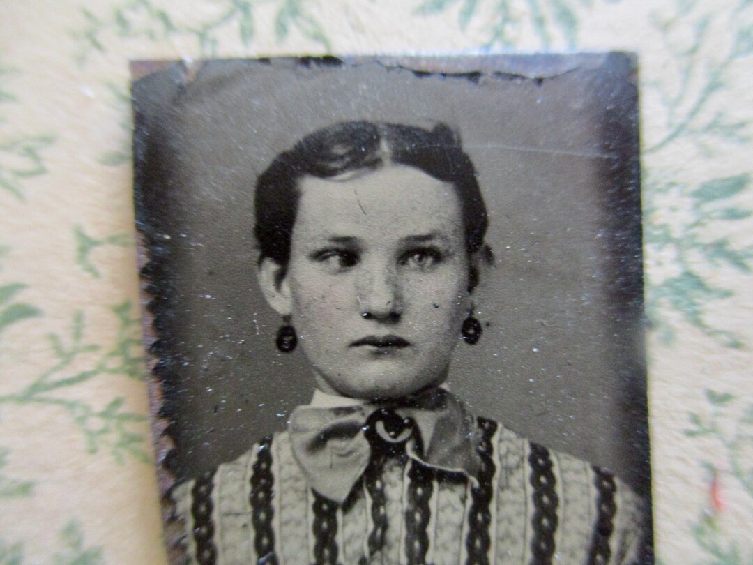 Antique Miniature Gem Tintype Photo 1800s, Cross Eyed Woman in Striped ...