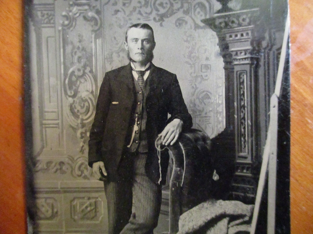 1800s Antique Tintype - Handsome Young Man With Beard, Watch Chain ...