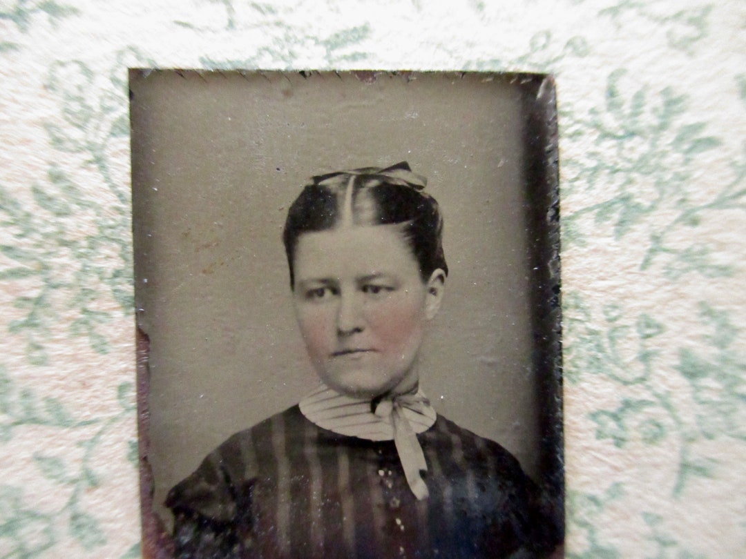 Antique Miniature Gem Tintype Photo - 1800s, Woman With Striped Dress ...