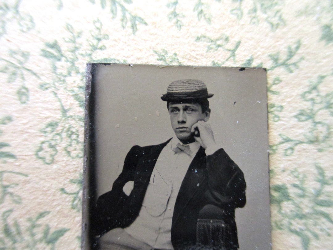 Antique Miniature Gem Tintype Photo - 1800s, Man Wearing a Straw Hat ...