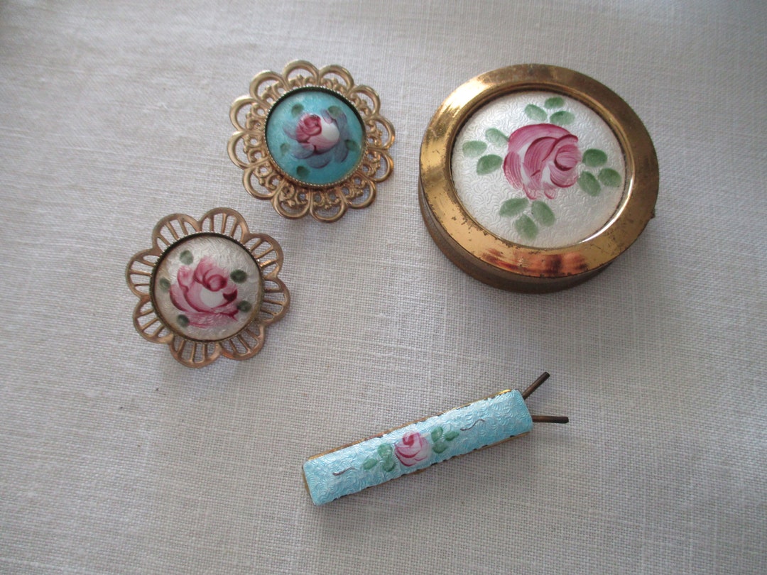 Vintage Enameled Guilloche Collection - Pill Box, 2 Pins, Barrette ...