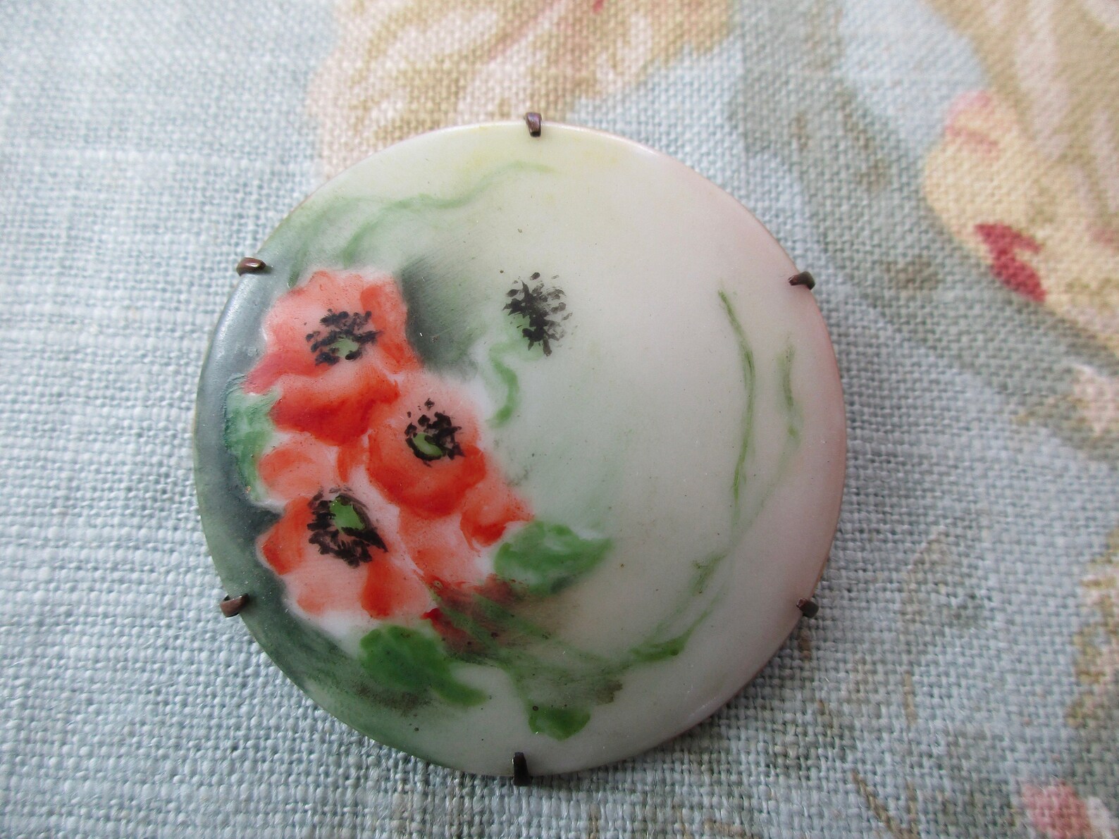 Large Antique Brooch Round Hand Painted Porcelain Floral - Etsy