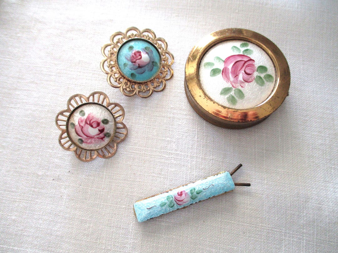 Vintage Enameled Guilloche Collection - Pill Box, 2 Pins, Barrette ...