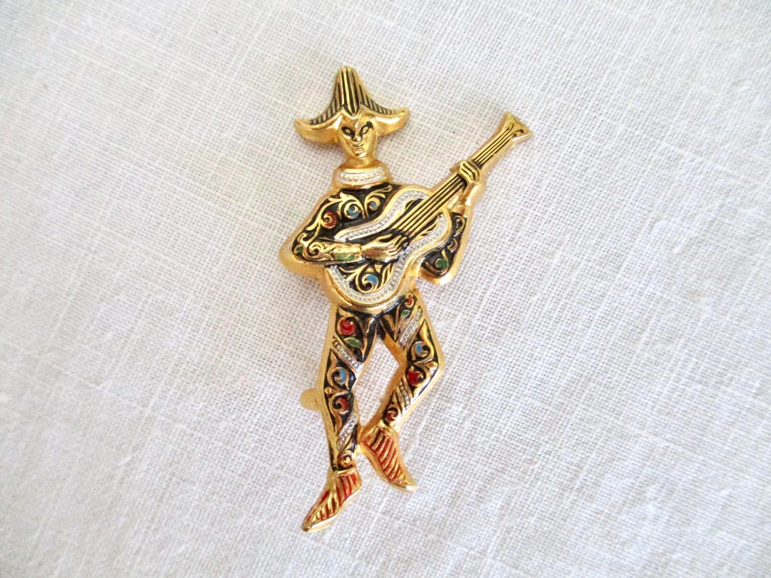 Vintage Spanish Pin -gold Jester Playing a Guitar - Whimsical, Made in ...