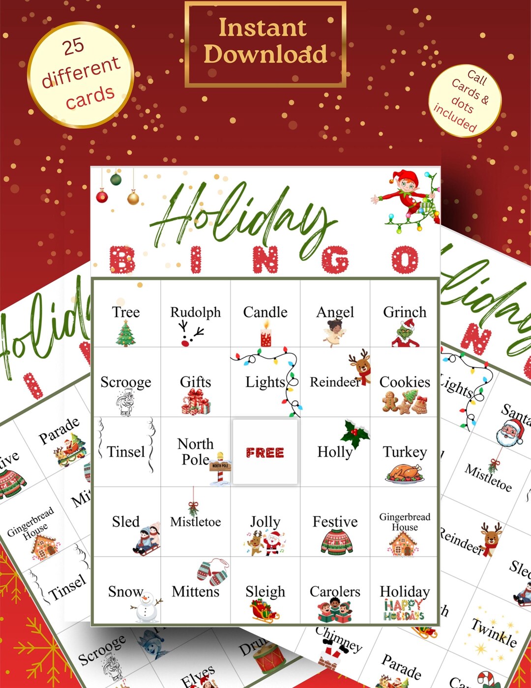 25 Christmas Bingo Cards, Printable Game for Kids, School, Holiday ...