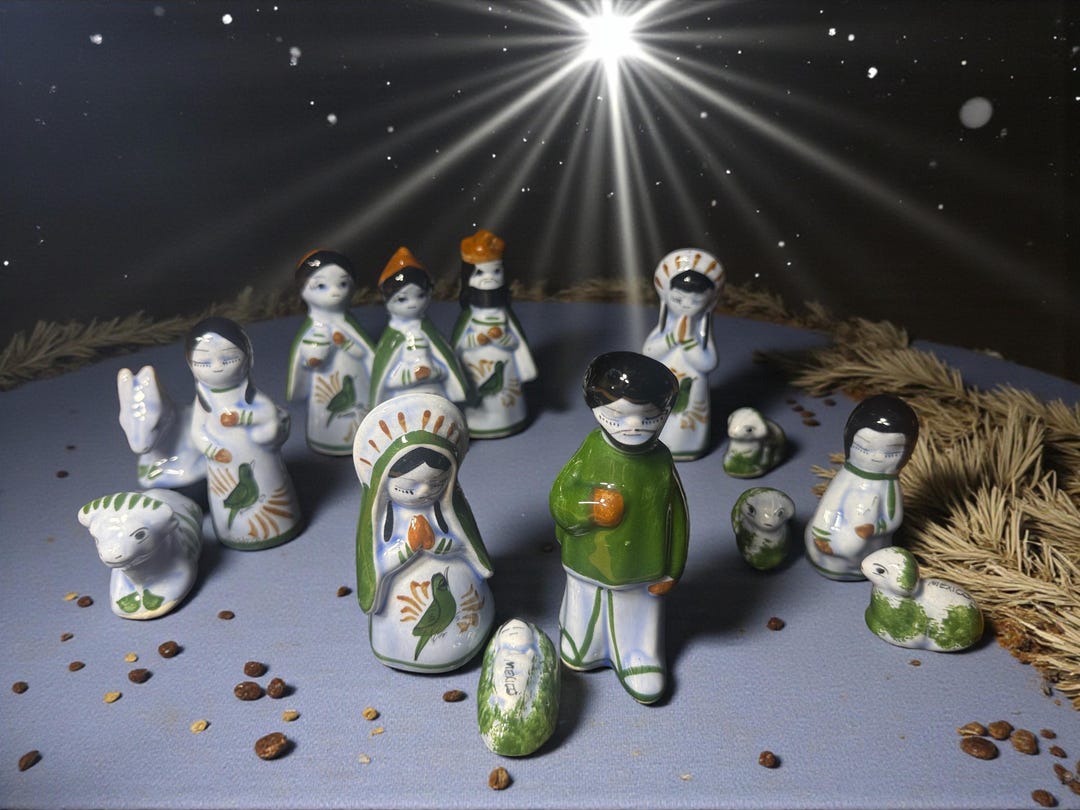 Mexican Tonala Pottery Nativity Set 14 Pc Hand Painted Ceramic Manger ...