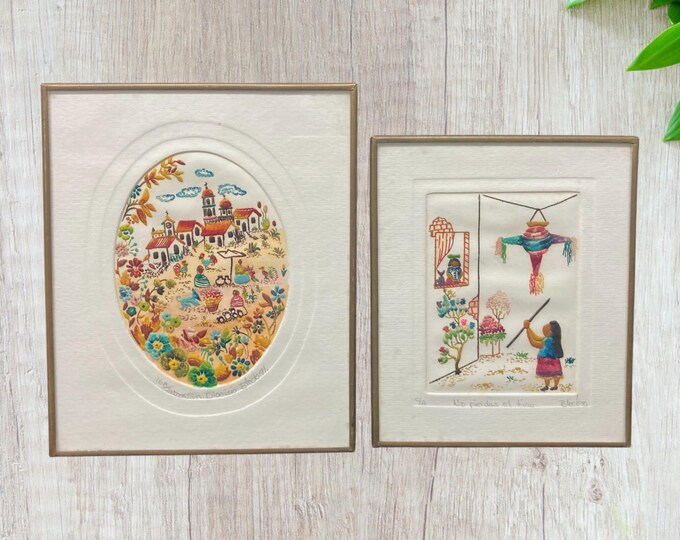 Pair of Mexican Folk Art Block Small Print Set: Village Life and ...
