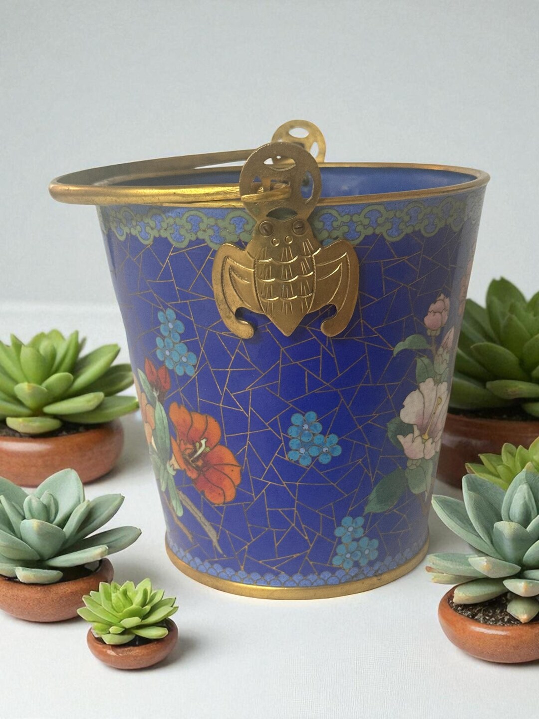 Vintage Chinese Cloisonné Enamel Pail Bucket – Cobalt Blue Floral – Zi ...
