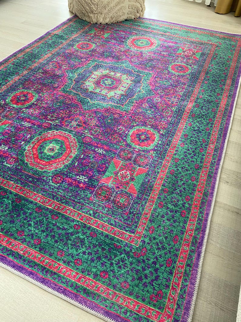Bohemian Green Purple Washable Rug – Colorful Vintage Style Area Rug ...