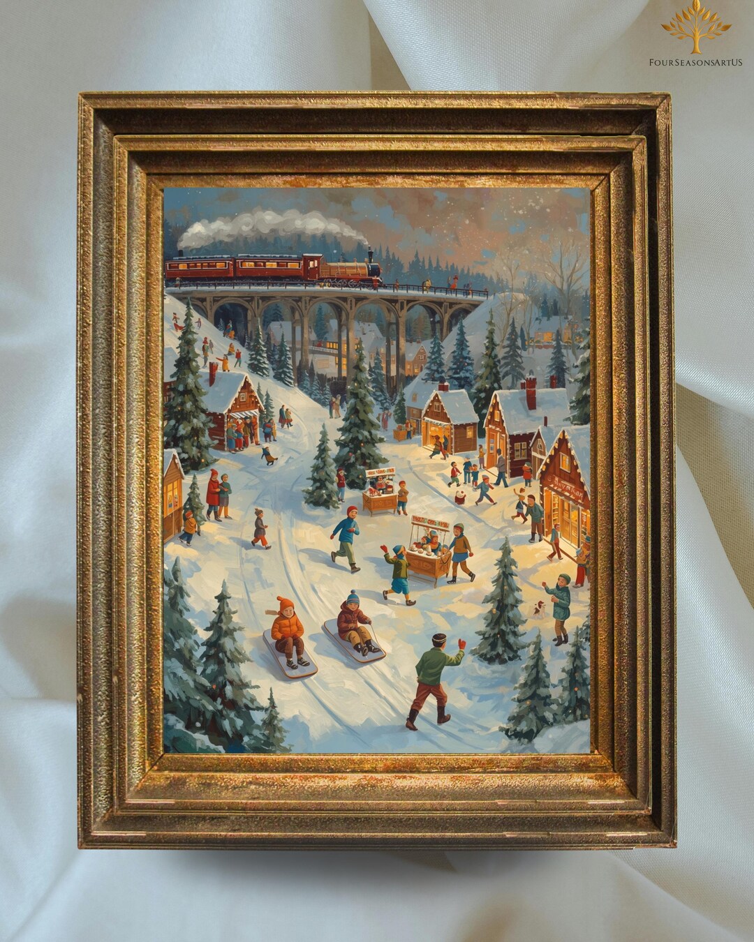 Aerial Christmas Village Sledding Scene – Hand-painted Winter Landscape ...