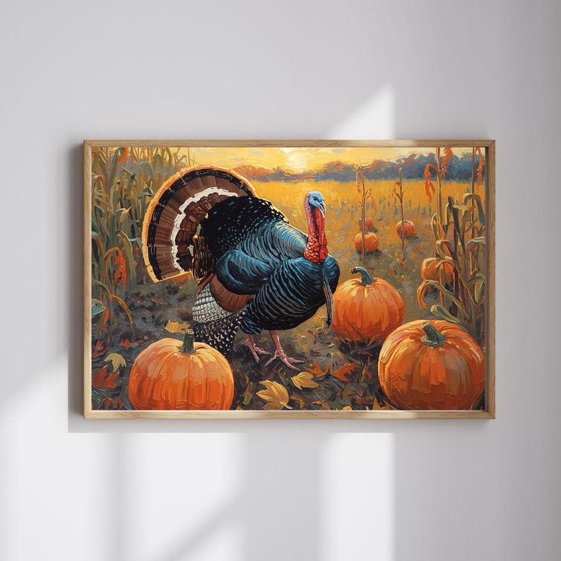 Autumn Turkey in Pumpkin Field — Vintage Oil Painting | Thanksgiving ...