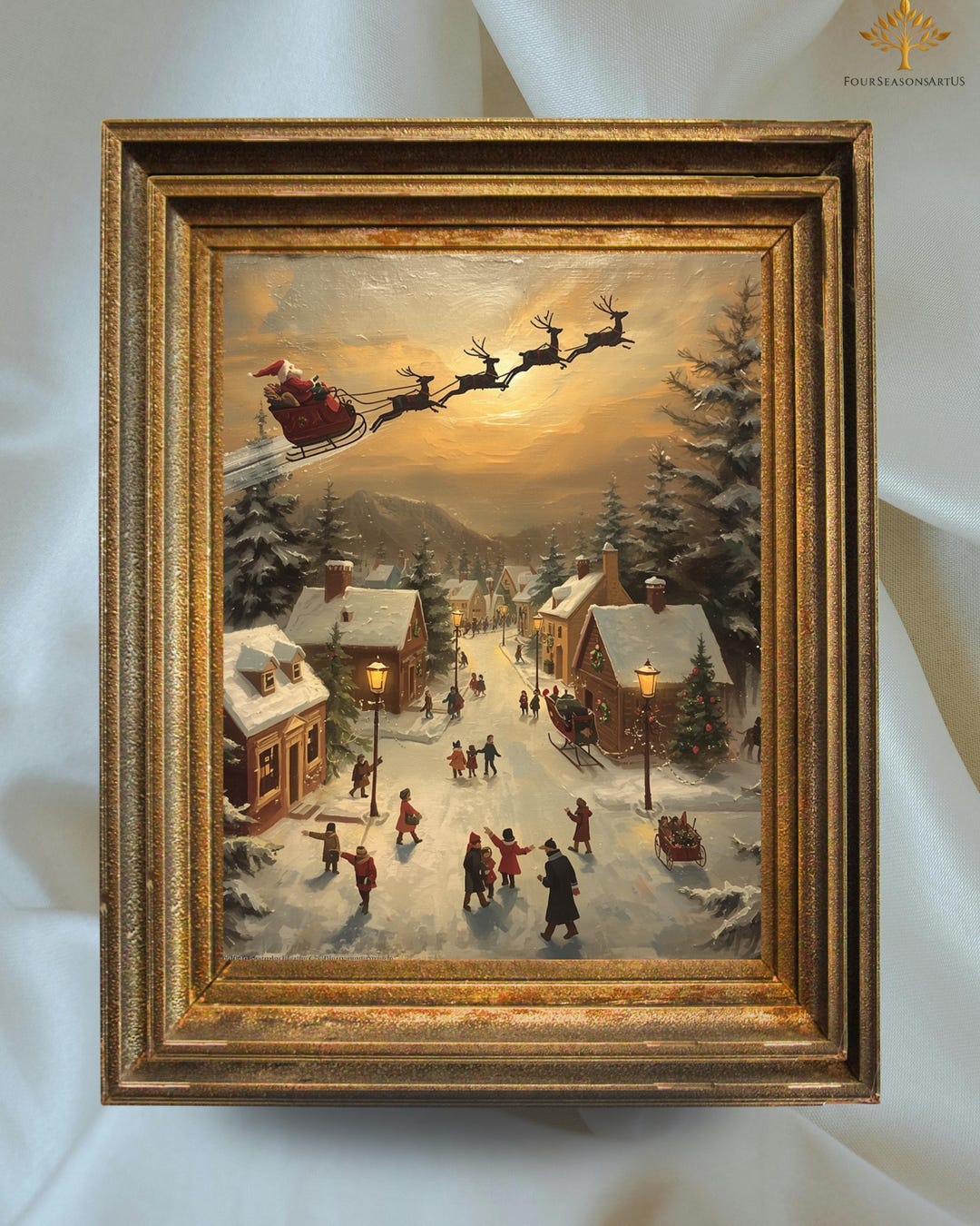 Santa Flying Over a Christmas Village – Hand-painted Vintage Holiday ...