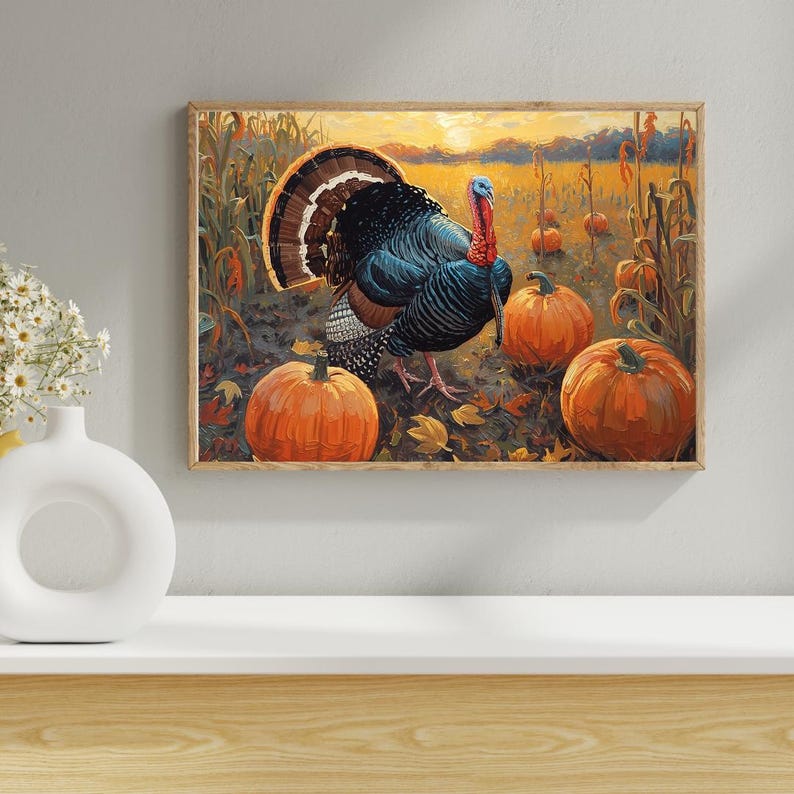 Autumn Turkey in Pumpkin Field — Vintage Oil Painting | Thanksgiving ...