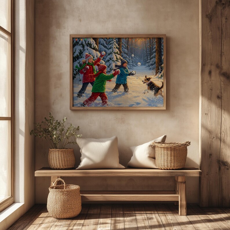 Kids Snowball Fight Christmas Wall Art: Playful Winter Forest Scene ...