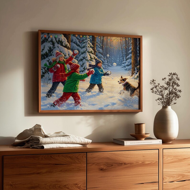 Kids Snowball Fight Christmas Wall Art: Playful Winter Forest Scene ...