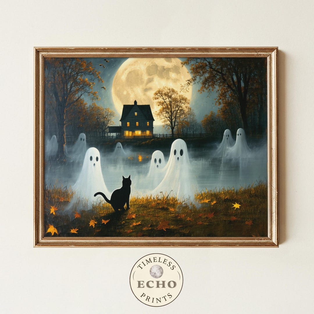 Ghostly Cottage Pond Halloween Art: Spooky Full Moon Scene (printable ...