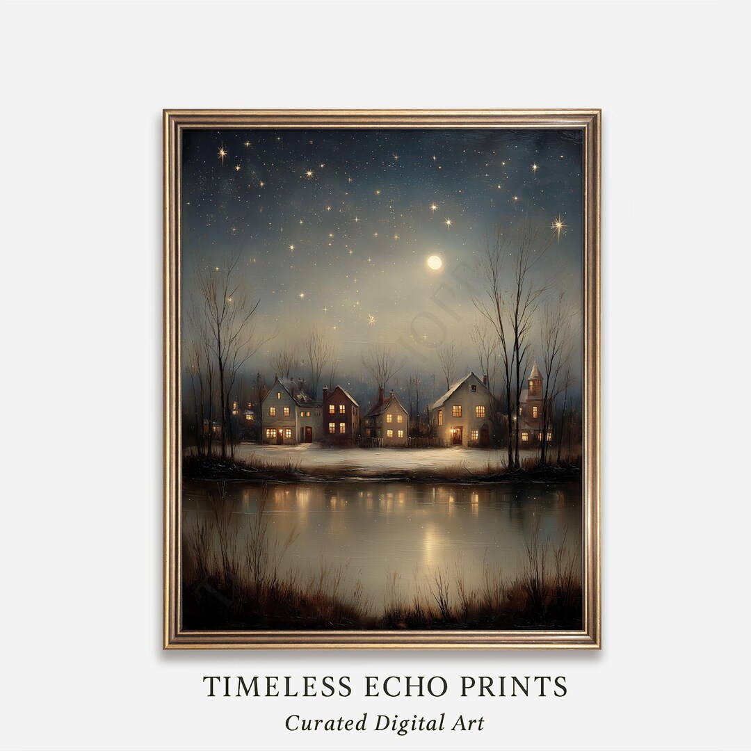 Moody Winter Village Wall Art: Starry Night Riverside Scene, Vintage ...