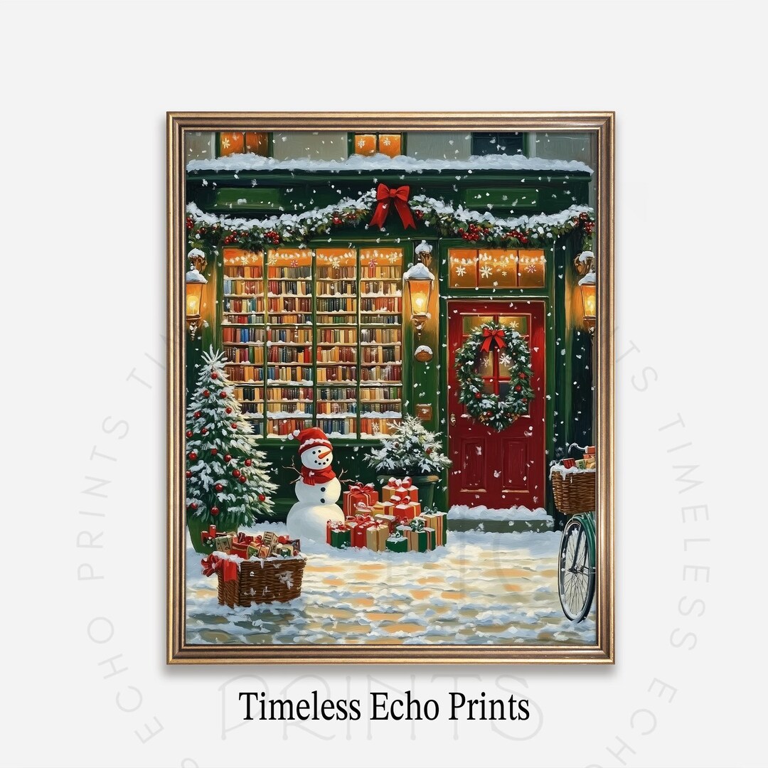 Vintage Christmas Bookshop Scene - Festive Storefront With Red Door ...