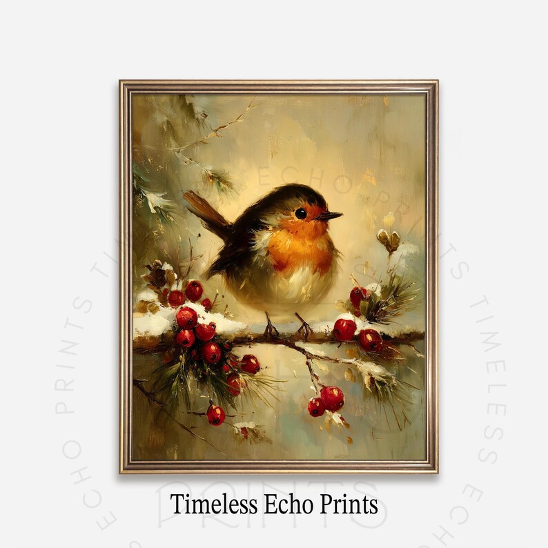 Vintage Winter Robin Wall Art: Christmas Bird Print on Snowy Branch ...