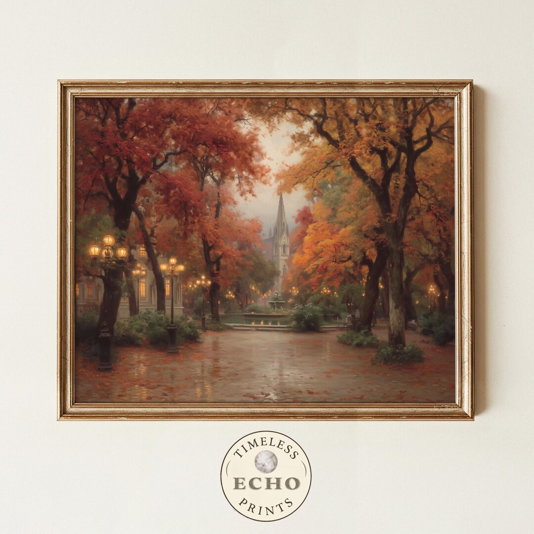 Autumn Town Square Oil Painting: Rustic Fall Scene Wall Art (printable ...