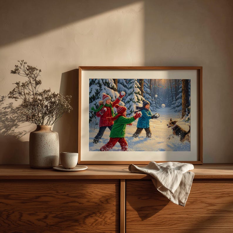 Kids Snowball Fight Christmas Wall Art: Playful Winter Forest Scene ...