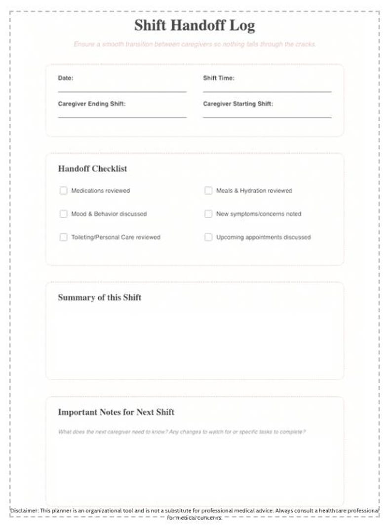 Caregiver Planner Printable PDF | Daily Log, Medication Tracker, Shift ...