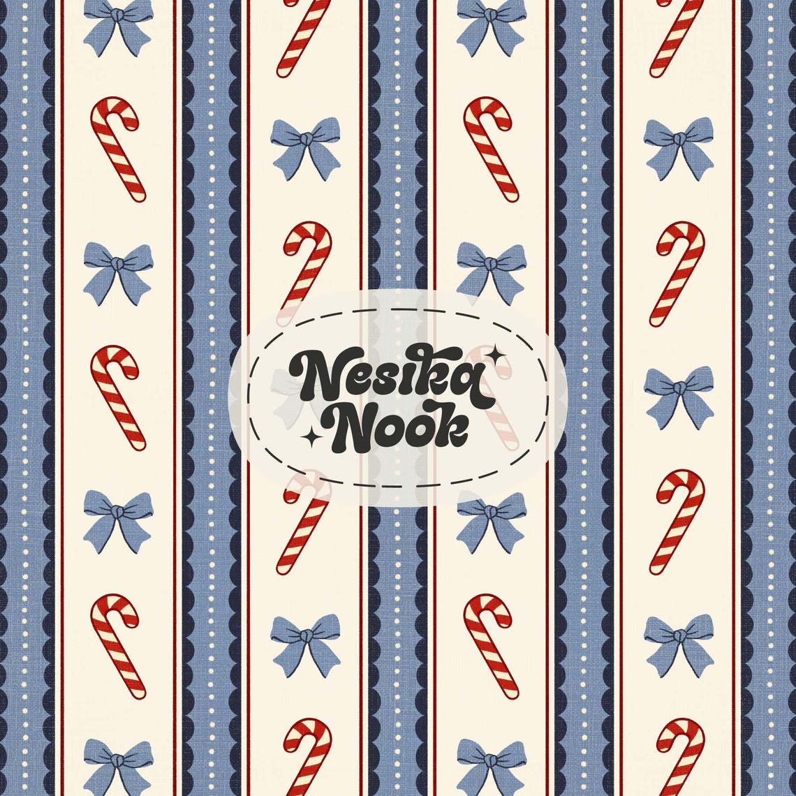 Preppy Christmas Candy Cane Bow Seamless Pattern, Blue Red Vintage ...