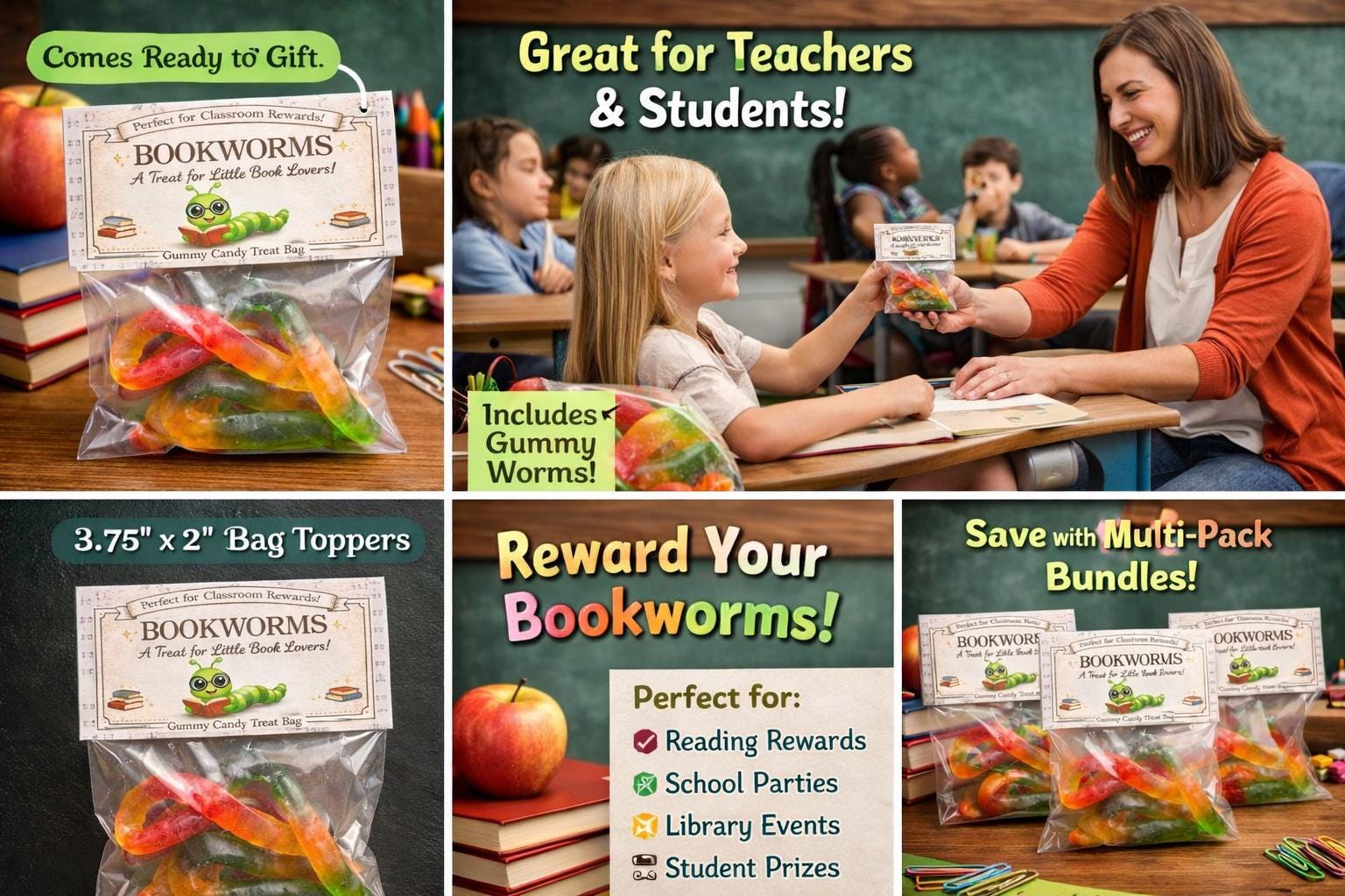 Prefilled Bookworms Candy Treat Bags, Gummy Worm Favors, Classroom ...