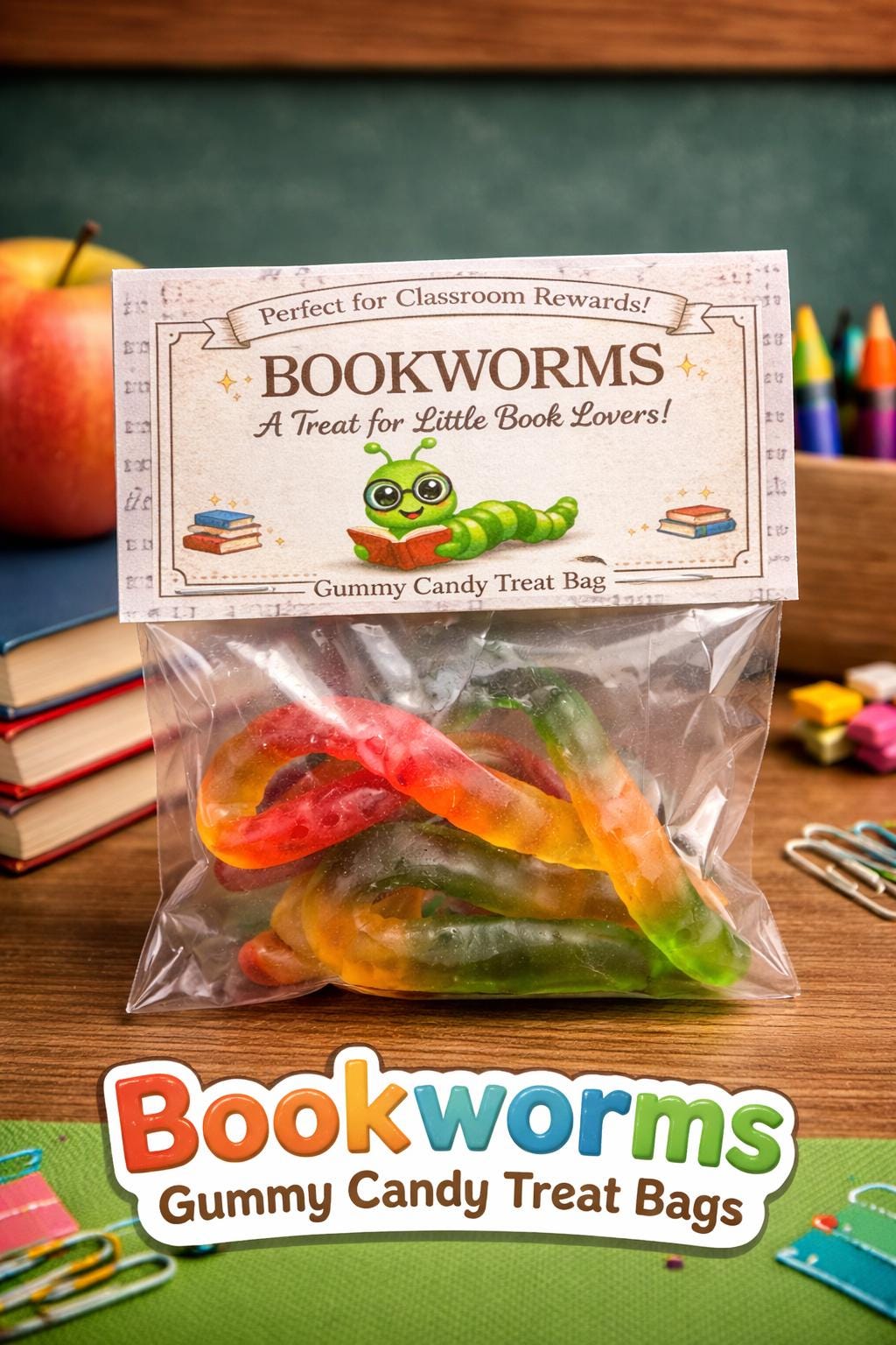 Prefilled Bookworms Candy Treat Bags, Gummy Worm Favors, Classroom ...