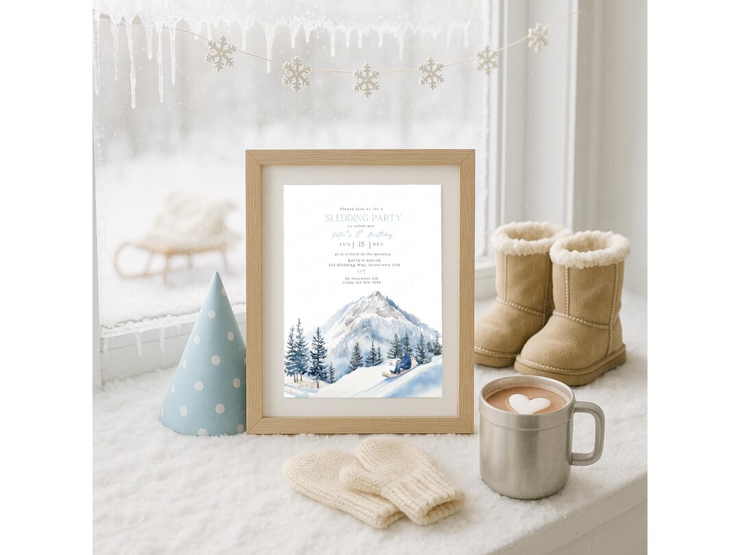 Sledding Party Invitation, Winter Birthday Invite, Snowy Mountain Theme ...