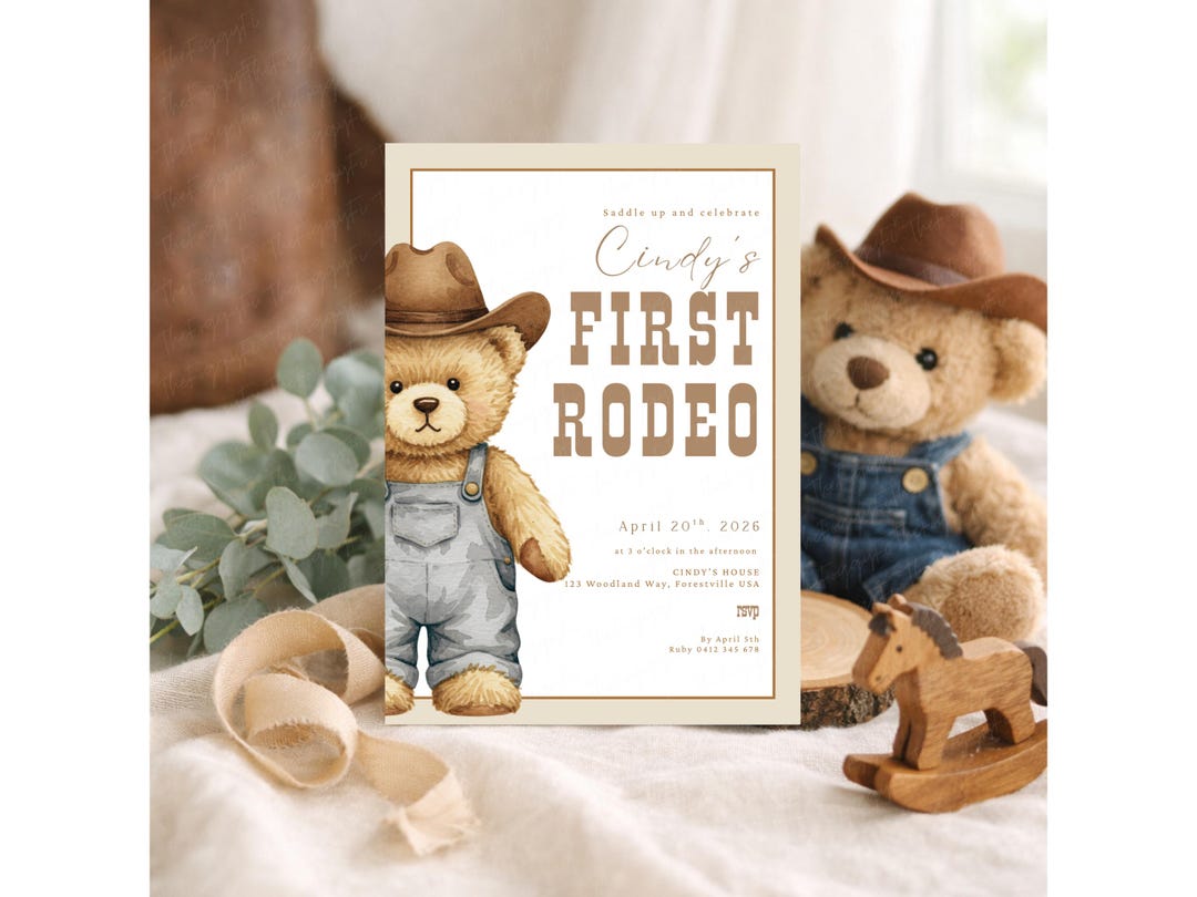 Cowboy Bear First Rodeo Birthday Invitation, Teddy Bear Western 1st ...