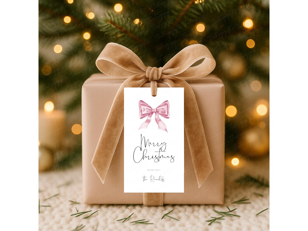 Pink Bow Christmas Gift Tags, Printable Holiday Tags, Minimalist ...