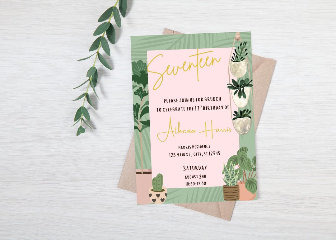 Greenery Birthday Invitation: Succulent Plant Party Invite (editable ...