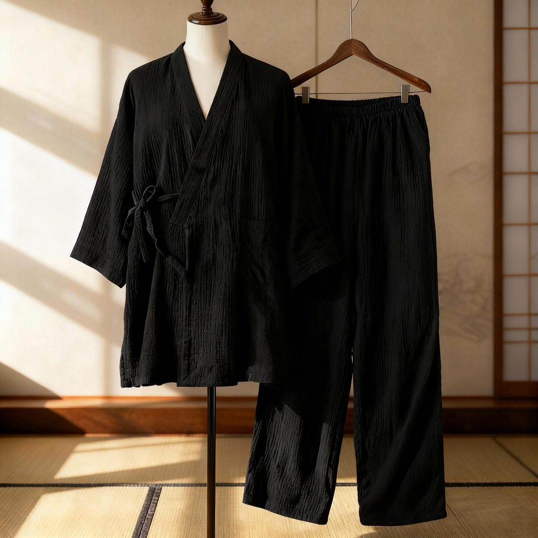 Black Japanese Cotton Kimono Robe for Men – Lightweight Yukata ...